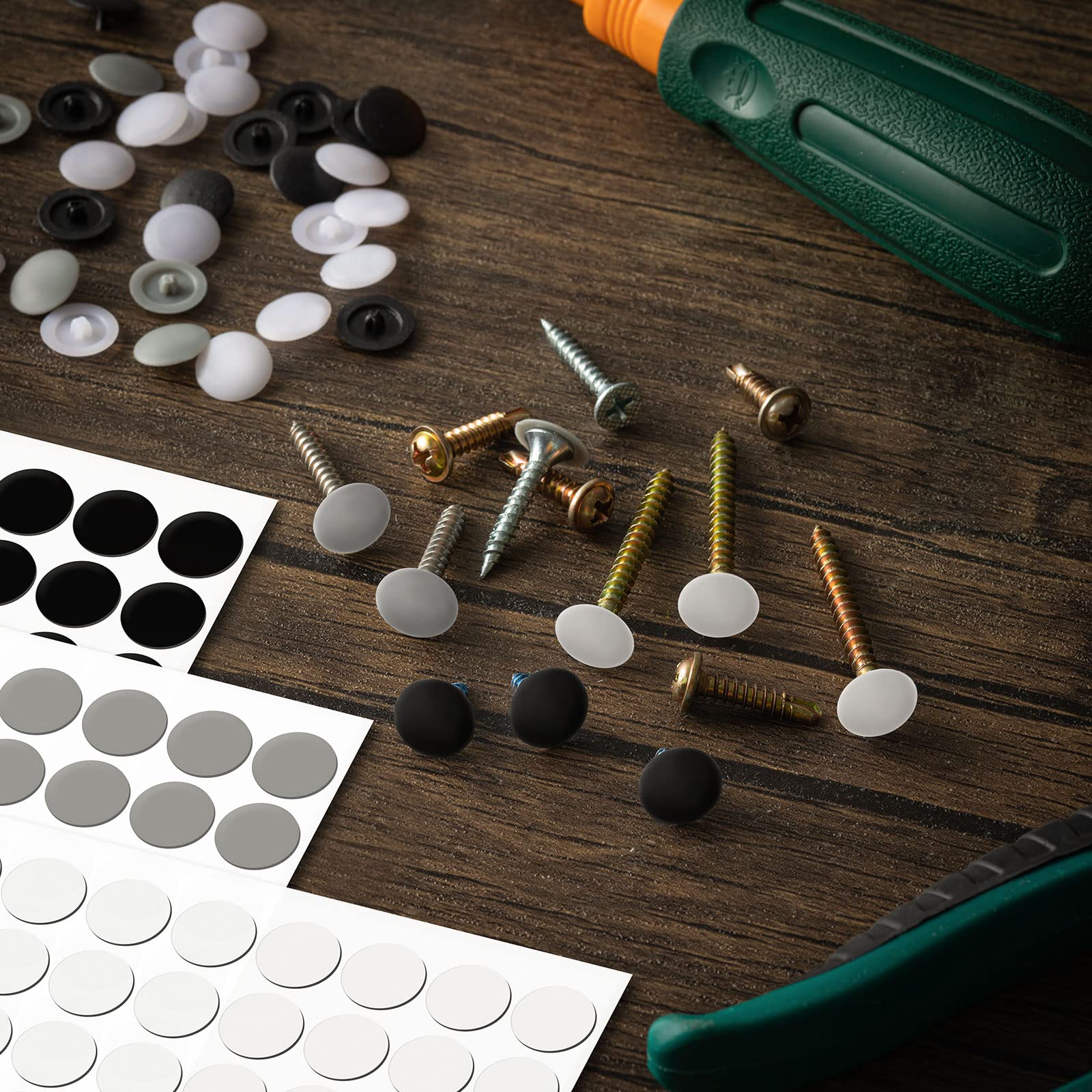 Assortment Screw Covers Screw Caps Kit, Include 300 PCS Plastic Screw Cap Covers and 870 PCS Self Adhesive Screw Hole Stickers, Waterproof Self-Tapping Screw Hole Covers Caps for Furniture Wood Screw