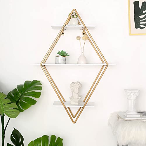 Efavormart 31" Geometric Diamond Shaped 3-Tier Gold Metal Dessert Cupcake Stand Rack, Wall Hanging Display Shelf Display, Book Shelf with White Wood Panels