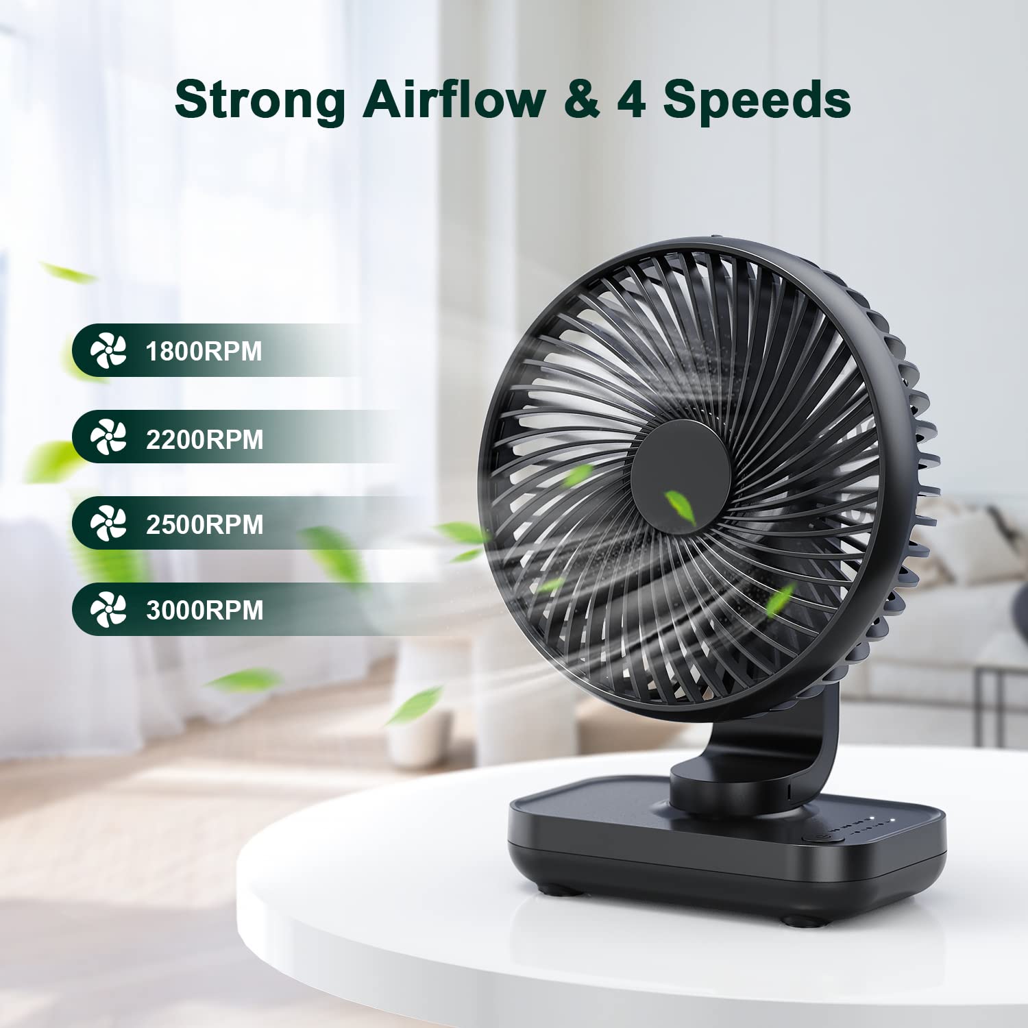 Aluan Small Desk Fan, Quiet Portable Fan, Rechargeable Battery Operated Personal Fan for Home Office Bedroom Desktop Table, 4 Speeds, Black