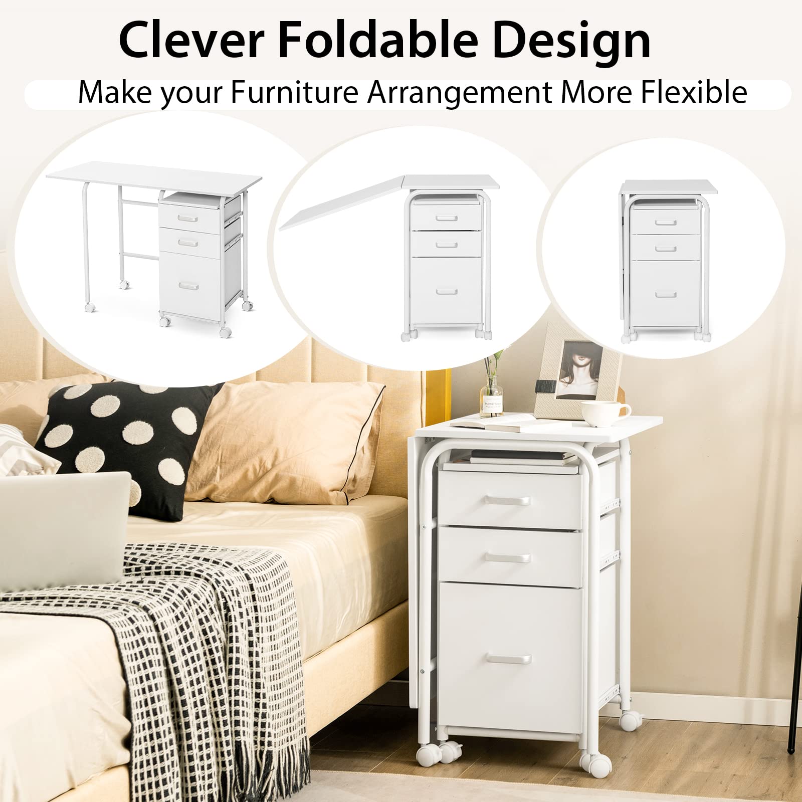 CHEFJOY Folding Computer Desk with 6 Wheels, 41.5" Modern Steel Collapsible Home Office Desk with 3 Storage Drawers, Portable Writing Laptop Desk for Bedroom, Study, Small Space, Home Office, White