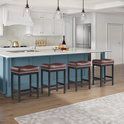 OUllUO Single Bar Stools, 24" Counter Height Bar stools, PU Leather Bar Stools for Kitchen Counter, Modern Metal Base Padded Saddle Barstool with Nailhead Trim Stools for Island,Brown,918BR1