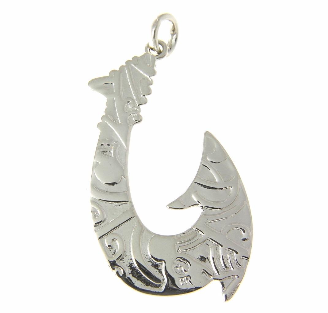 Arthur's Jewelry Koa Wood Hawaiian Wave Fish Hook Rhodium Plated Brass Reversible Pendant