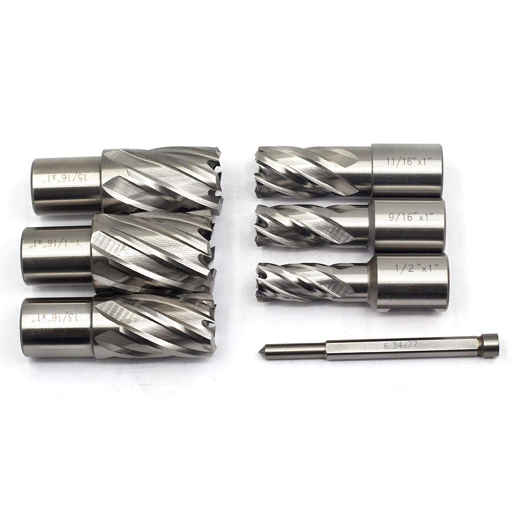 OSCARBIDE Annular Cutter Set 7 Pieces 3/4" Weldon Shank 1"Cutting Depth,1/2 to 1-1/16 inch Diameter,2 Flats Annular Cutters HSS Mag Drill Bits Kit for Magnetic Drill Press with 1 Pieces Pilot Pin