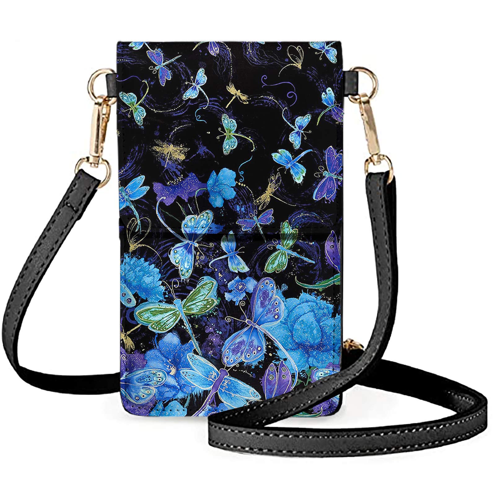 HUGS IDEA Lightweight Leather Phone Purse Fashion Dragonfly Pattern Crossbody Bag Mini Cell Phone Touch Screen Purse Shoulder Bag