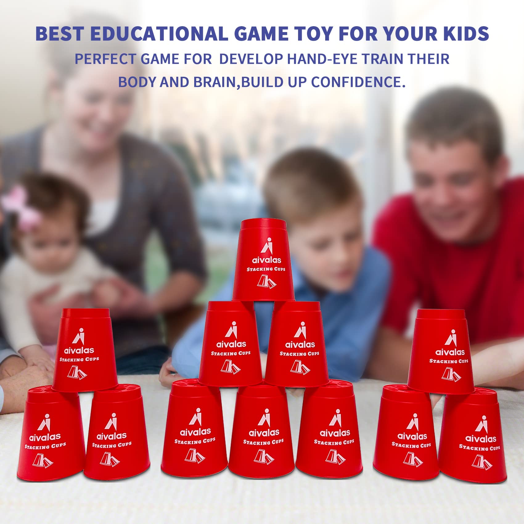 Aivalas Stacking Cups, Quick Stack Cups Game with 12 PCS Stacking Cups & Durable Carry Bag, Classic Stacking Games for Kids Adults Family(Red)