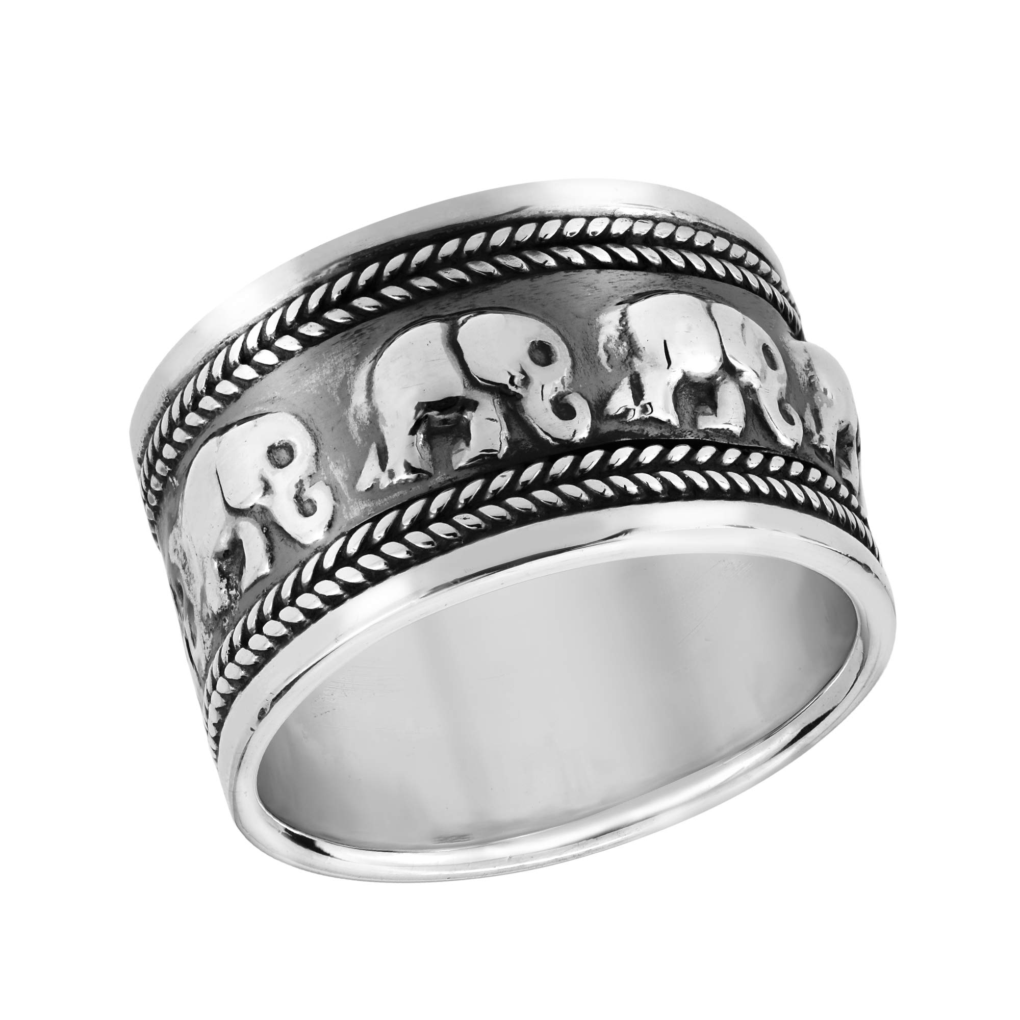 AeraVida Elephant Caravan Around Oxidize .925 Sterling Silver Ring | Sterling Silver Elephants Band Ring | Sterling Silver For Women | Animal Inspired Elephant Ring Size (9)