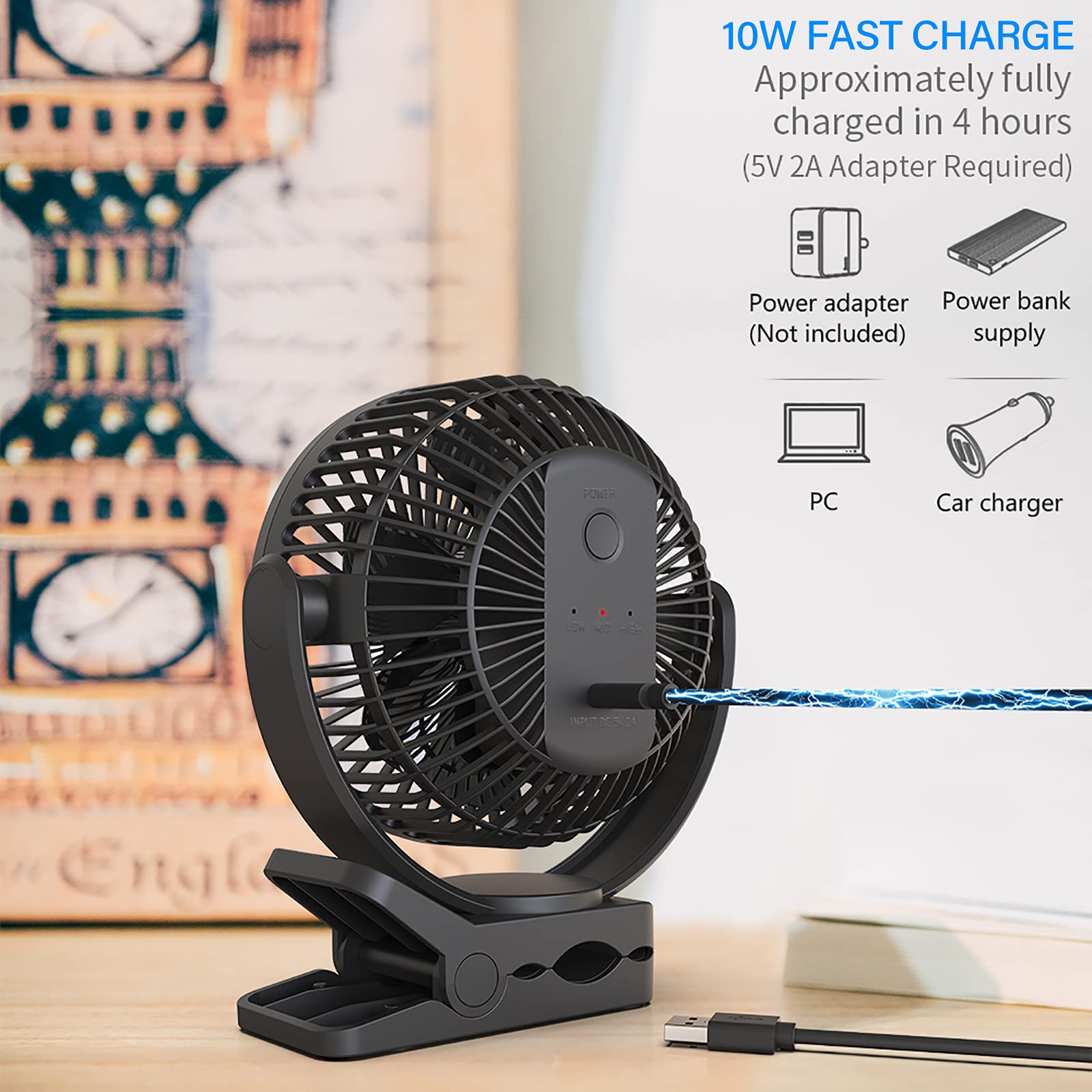 Svinkal Personal usb Fan 5000mAh Battery Operated with Suction fixation 6in, 3 Speeds, 720 adjustment, Portable Fan for Table, Bedroom, Desk, Camping, Stroller, Golf Cart