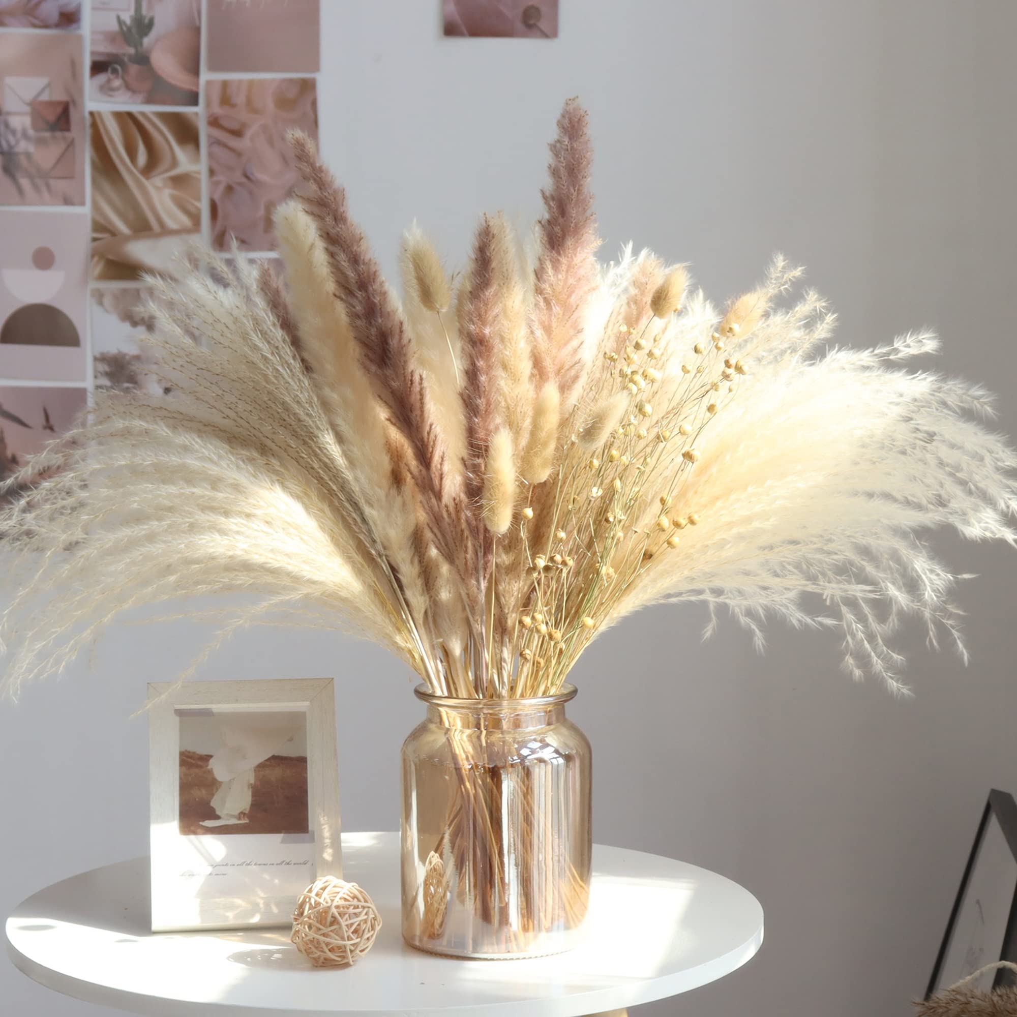 JFNDUIFEI 65 pcs Pampas Grass Decor Tall,Natural Dried Pampas Grass Fluffy for Flower Arrangements Home Decor,17inch Pampas Grass Plants for Home Garden Party Wedding Decor