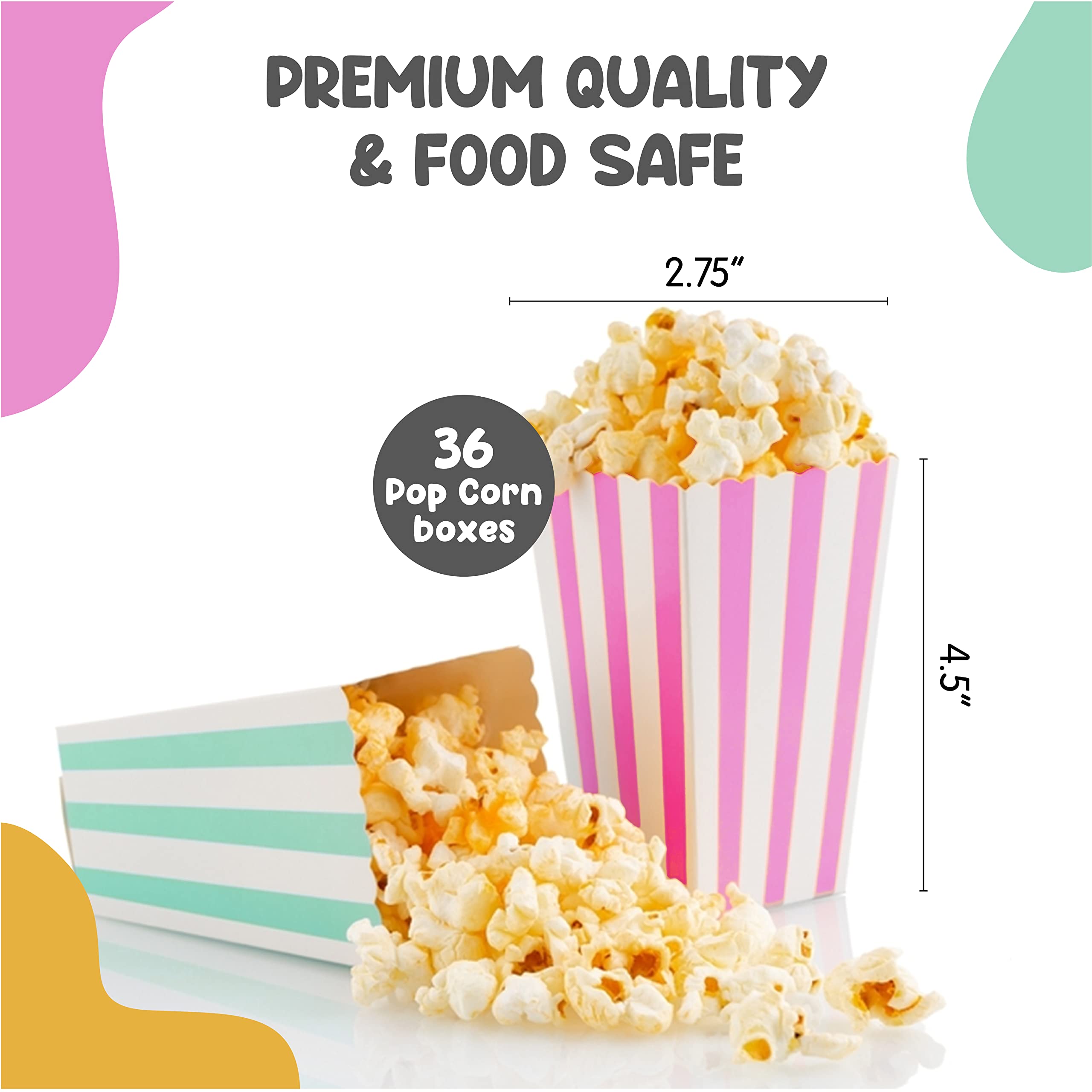 Chloe Elizabeth Mini Popcorn & Candy Favor Treat Boxes For Birthday, Bridal and Baby Shower - Assorted Striped Design - 36 Count (Rainbow Pastel Mix)