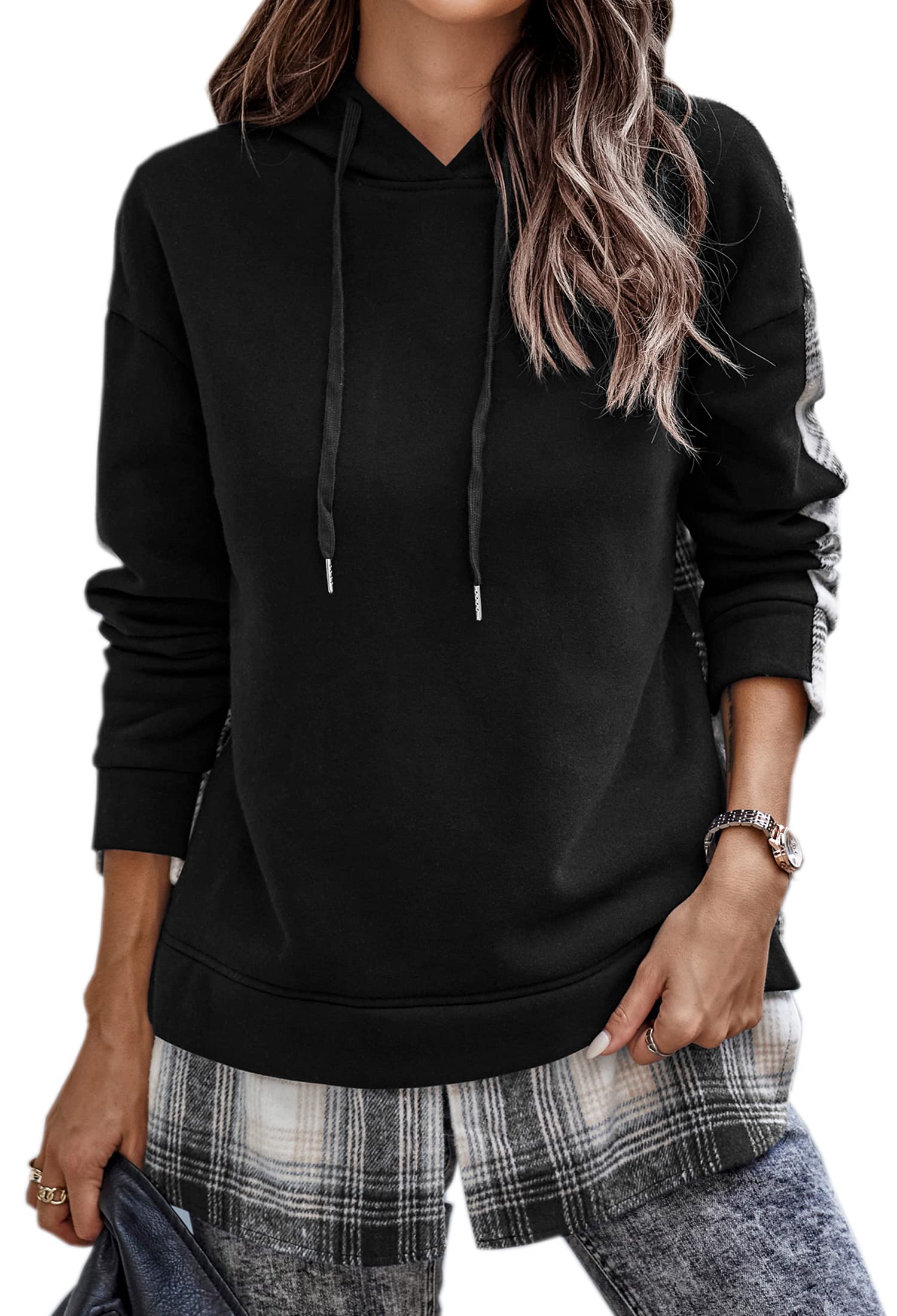 Angashion Womens Hoodies Long Sleeve Plaid Patchwork Tops Color Block Lightweight Fake Two-Piece Casual Pullover #Black Small