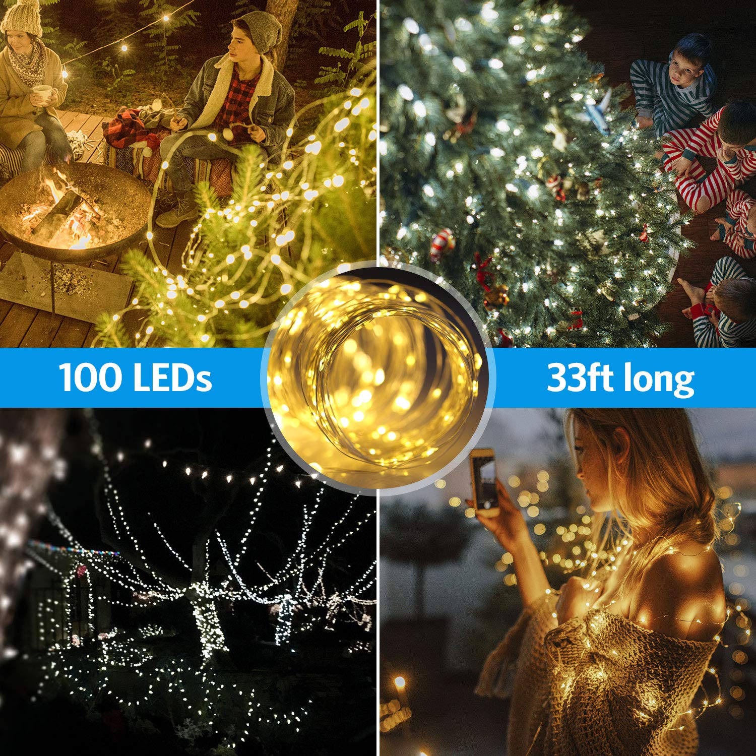 AMIR Upgraded Solar String Lights, 2 in 1 Warm White & White, 33ft 100 LED Outdoor String Lights, 8 Lighting Modes Waterproof Solar Decoration Lights for Gardens, Home, Dancing, Party, Christmas
