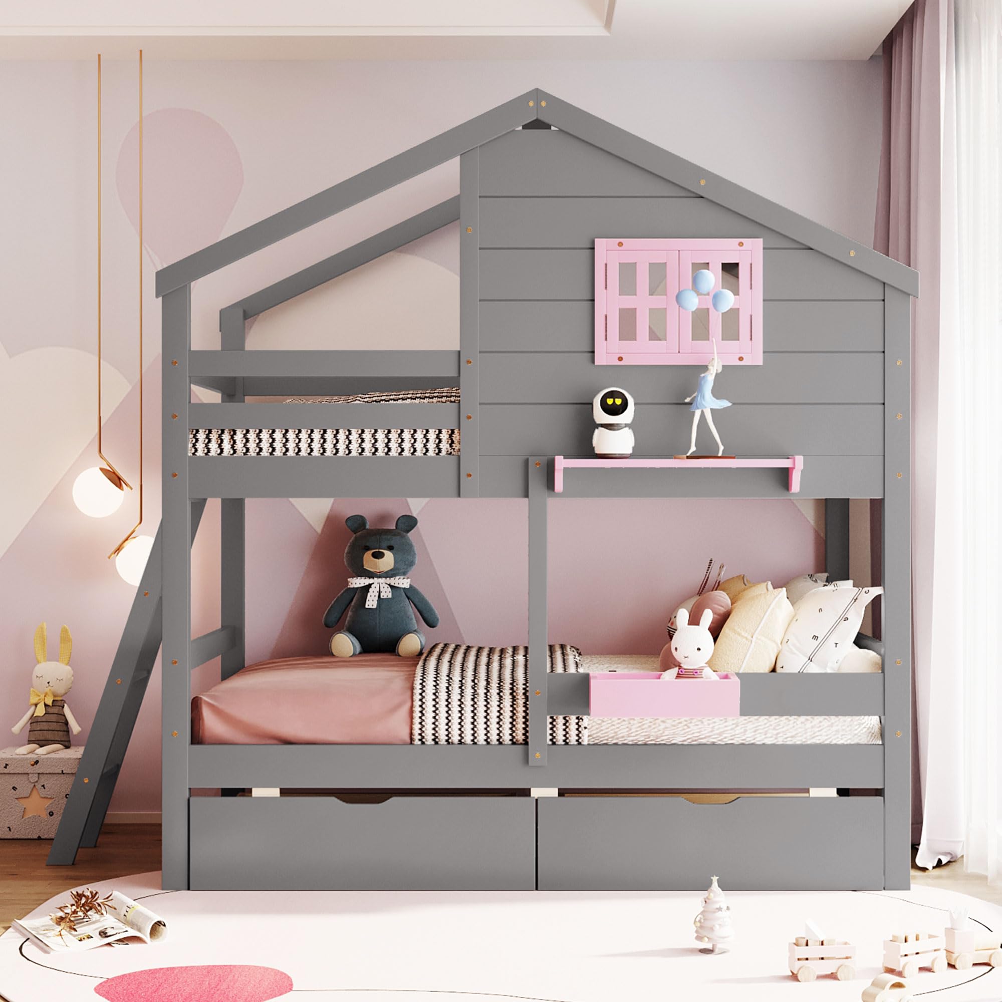 Harper & Bright Designs Twin Size House Bed Low Loft Bed Wood Frame with Storage Cabinet and Drawers, Playhouse Bed for Kids Girls Boys (White)