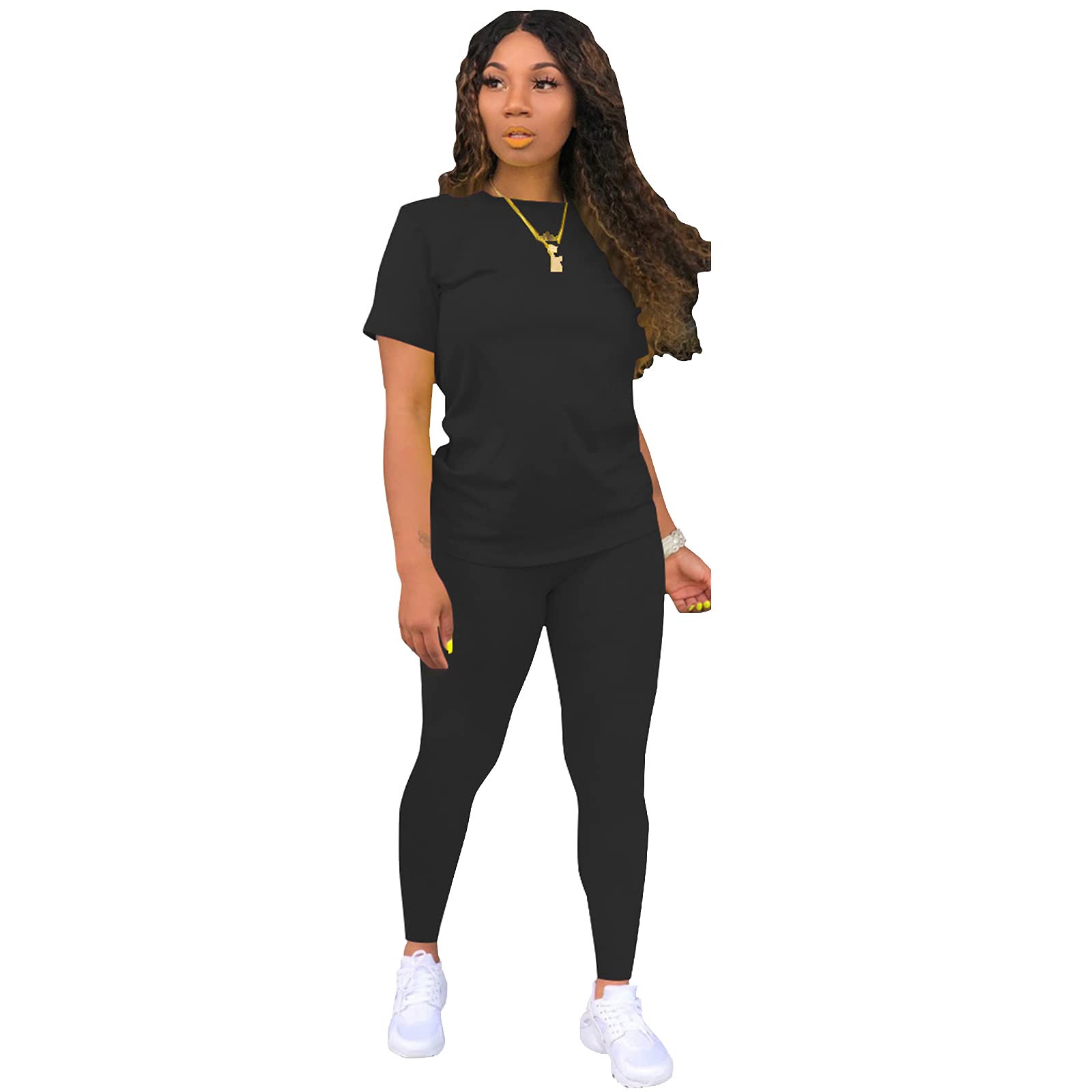 AOMONI Women Two Piece Outfits Tracksuit Summer Plus Size Top Pant Set Casual Short Sleeve T-shirt Black 3X-Large