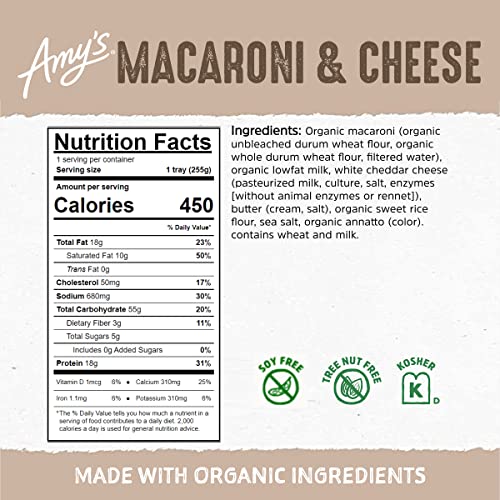 Amy's Frozen Meals, Macaroni and Cheese Frozen Pasta Tray, Made With Organic Pasta and White Cheddar Cheese, Microwave Meals, 9 Oz