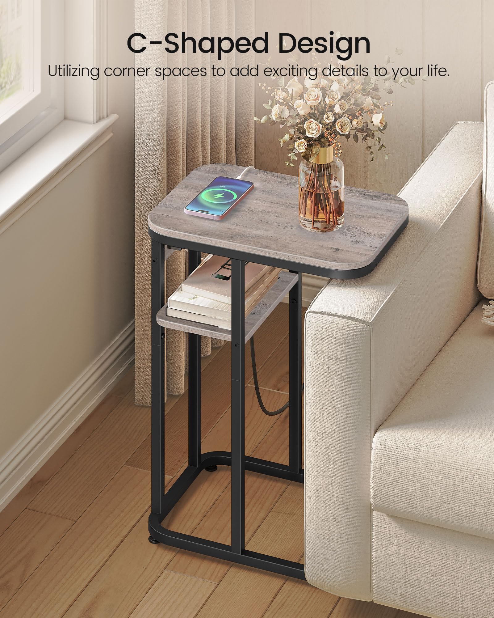 CHOEZON C-Shaped Side Table, Small End Table with Charging Station, Sofa Side Table for Couch with Outlet and USB Ports, for Small Spaces, for Bedroom, Living Room, Greige and Black TSF02UBH