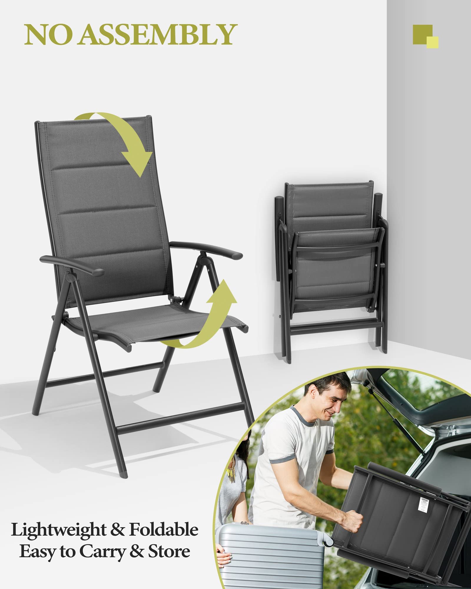 Crestlive Products Folding Patio Chairs Set of 4, Aluminium Outdoor Folding Chairs with Soft Cotton-Padded Seat,Adjustable High Backrest for Camping, Garden, Backyard