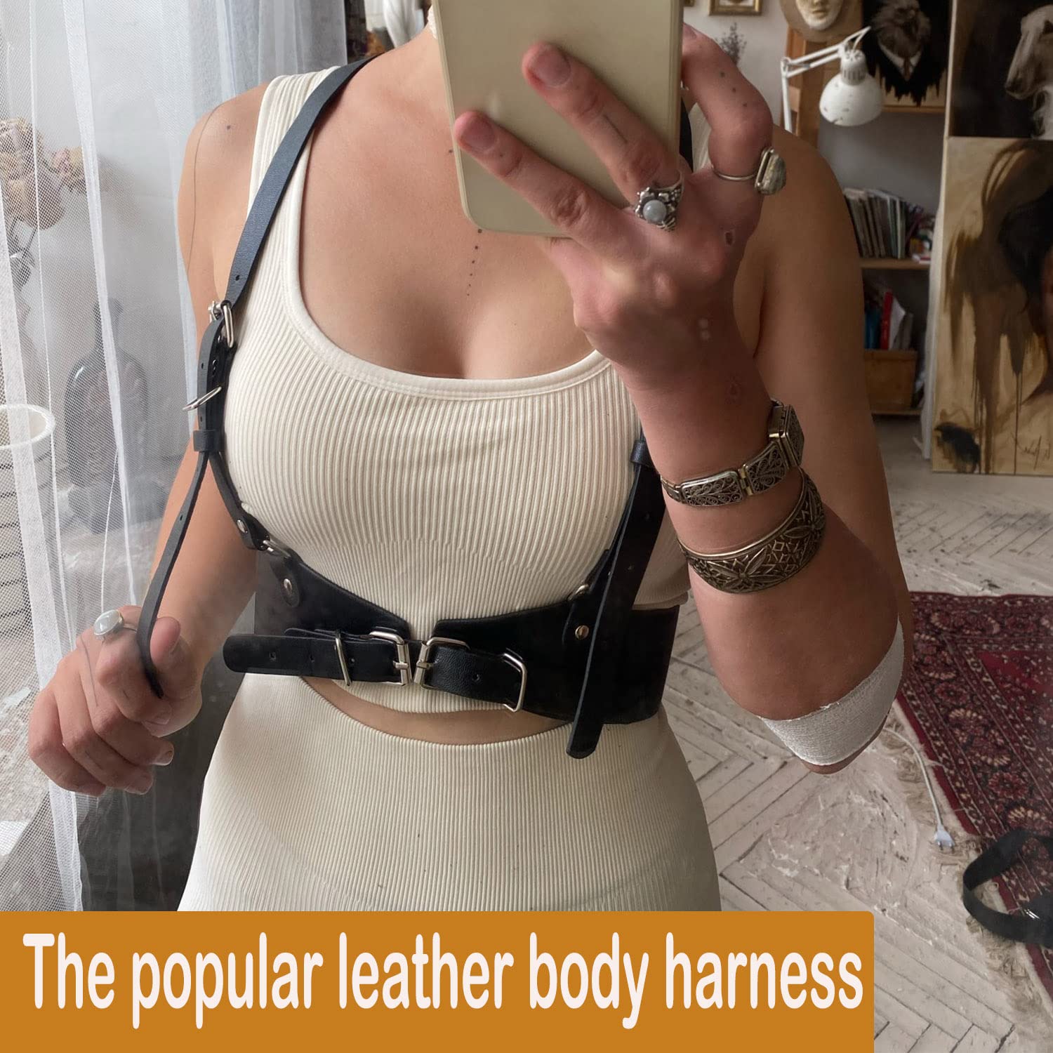 AONEWIN Women's Body Leather Harness Punk Belt Skinny Body Adjustable Suspender For Dresses