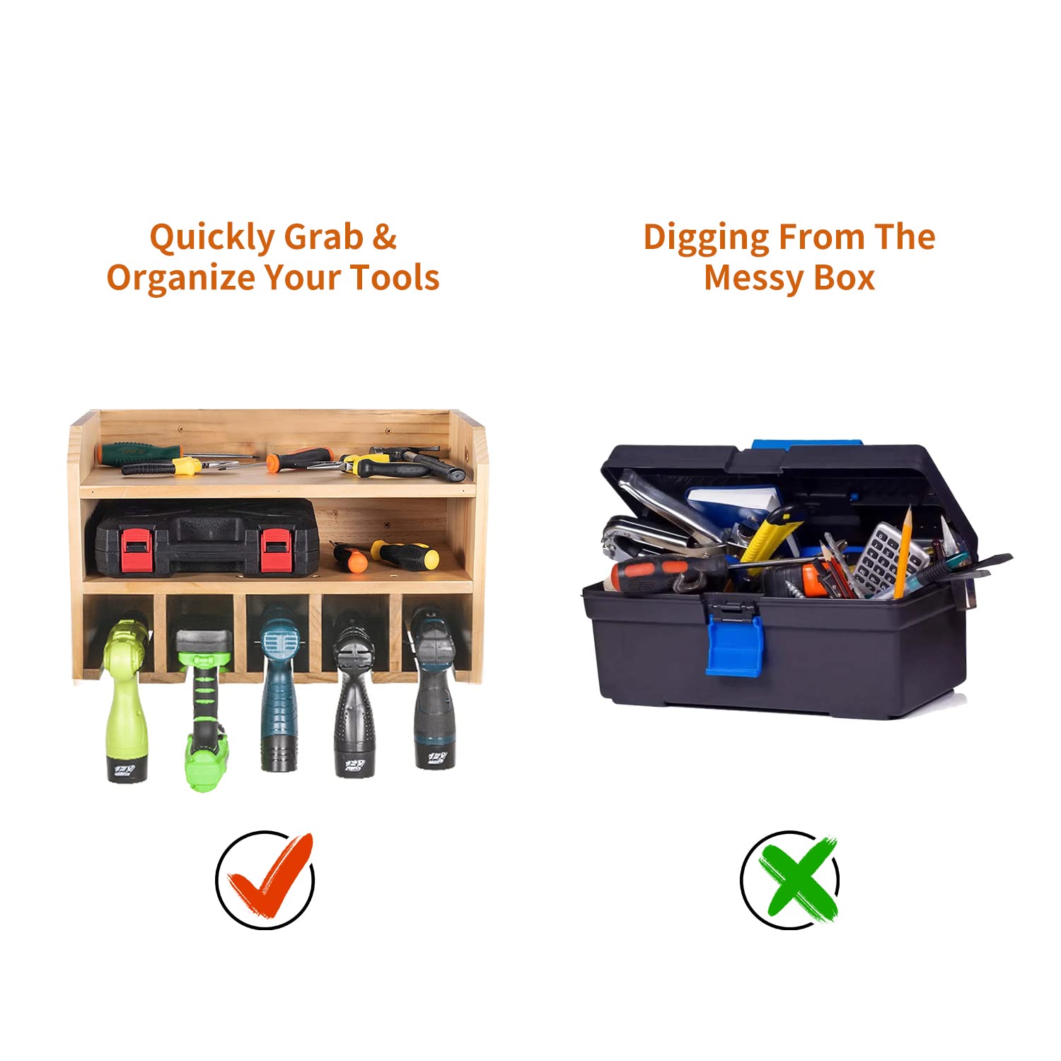 Baoz Wooden Power Tools Organizer Cabinets 5 Hanging Slots Drill Charging Station Wall Mounted Garage Tool Holder Cordless Drills Storage Shelf Rack for Circular Saw, Screwdriver Drill Impact Wrench
