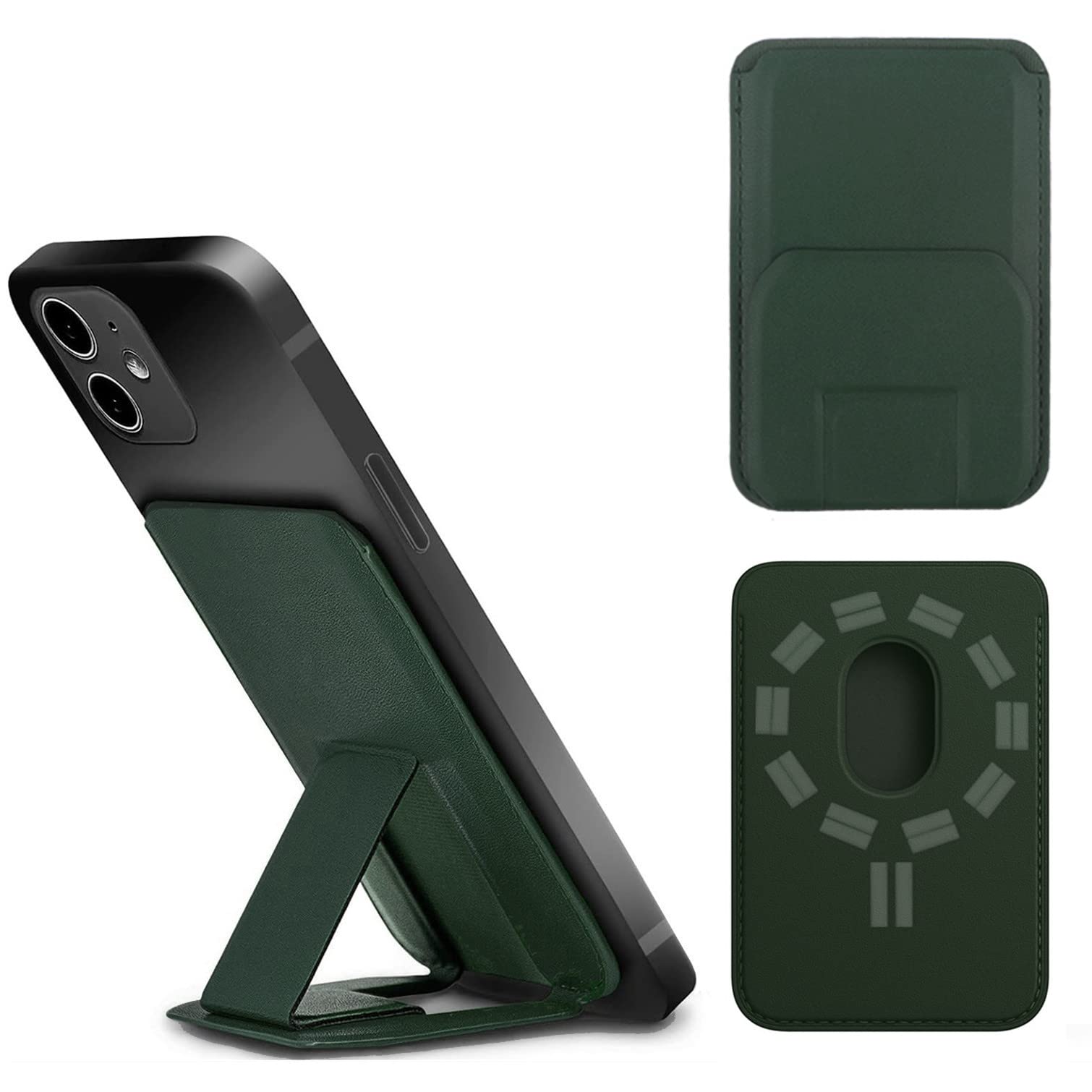 AIZHEM Magnetic Wallet with Kickstand for iPhone, Magnetic Leather Cardholder with Stand for Apple, Compatible with iPhone 12/13/14 Series or with MagSafe Case, Forest Green