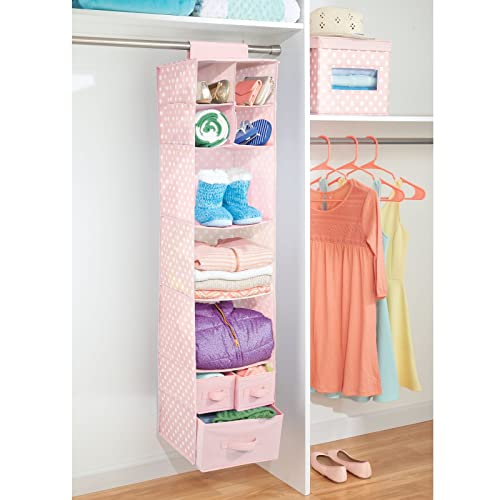 mDesign Fabric Hanging Organizer - Over Closet Rod Storage with 7 Shelves and 3 Removable Drawers for Baby Nursery Bedroom Organization - Hold Clothes, Linens, Toys, Accessories - Pink/White Polka Dot