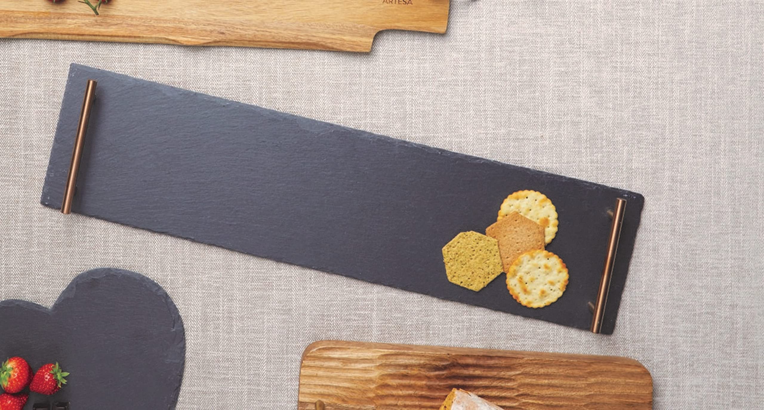 Artesa ARTPLATTERCOP KitchenCraft Slate Serving Tray/Platter with Copper Finish Handles, 60 x 15 cm