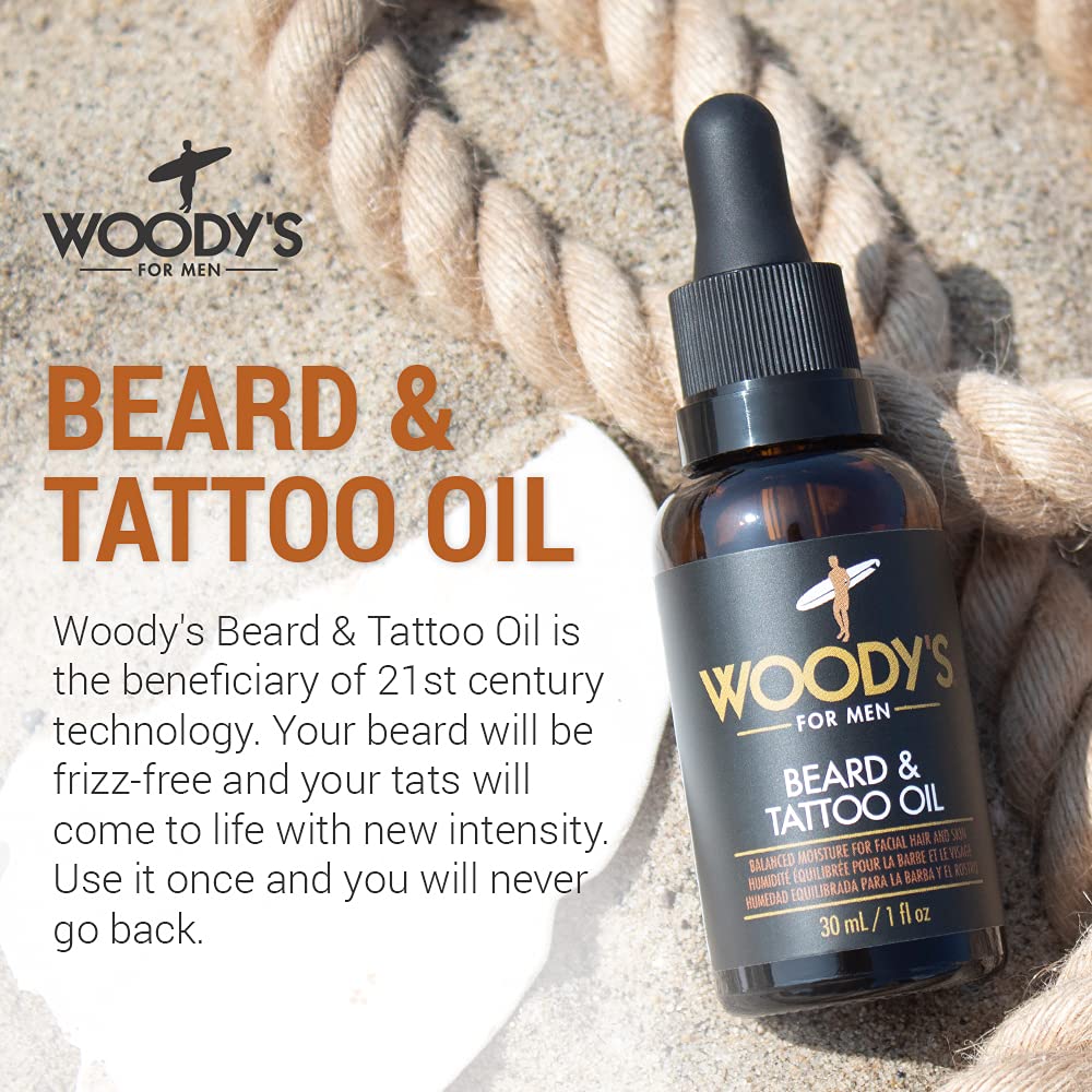 Woody's Beard & Tattoo Oil, 2 in 1 for Healthy Beard & Vibrant Tattoos, with Moringa, Macadamia, & Argan Oils, 1 Fl Oz (2 Pack)