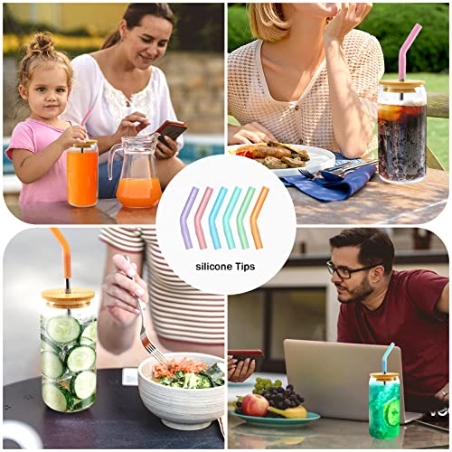 AUGOSTA Beer Can Glass with Lids and Straw, 16 oz Reusable Drinking Glasses Tumbler, Free 4 Bamboo lids, 4 Stainless Steel Straw with Colored silicone plug, 2 Cleaning Brush, 4 Pack