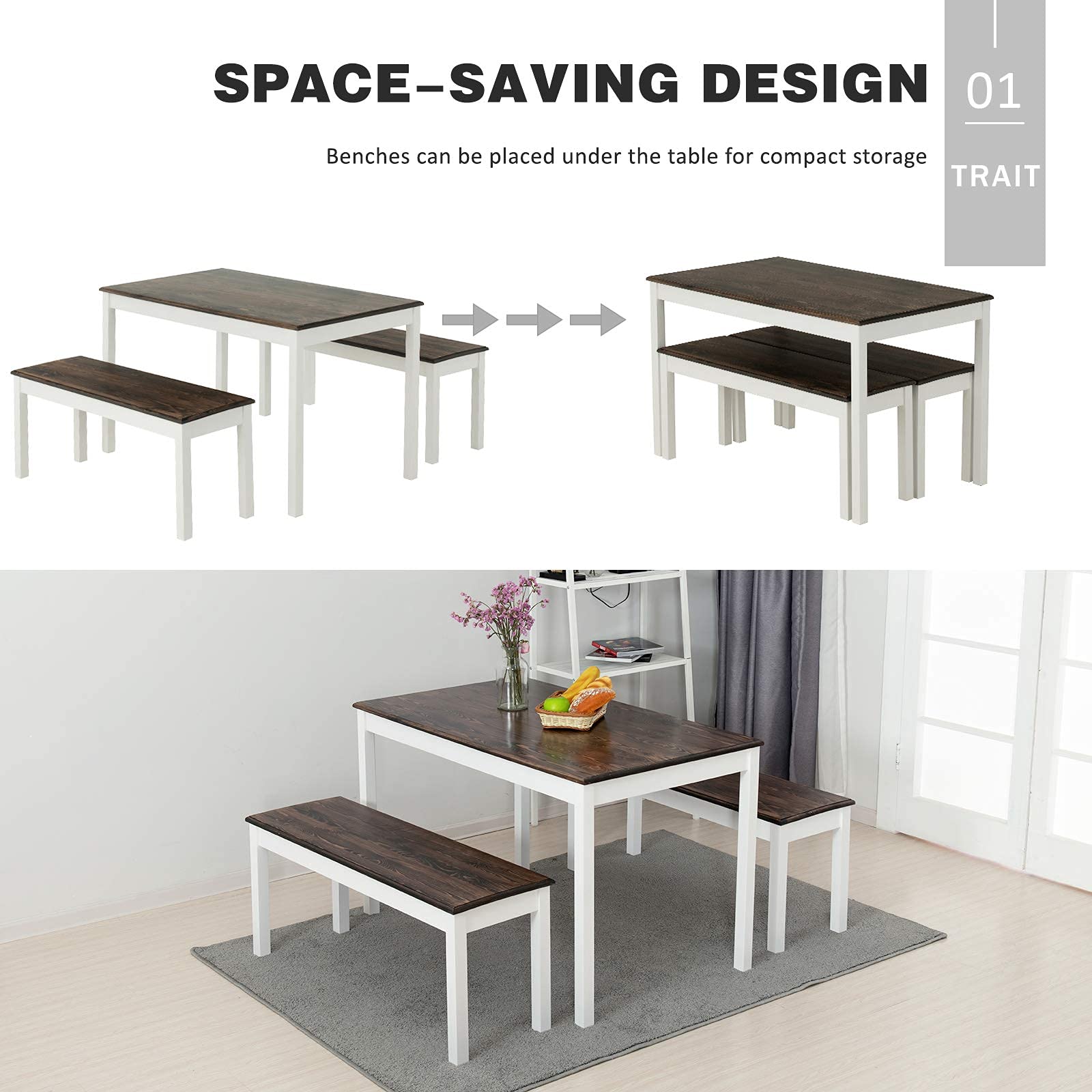 Alohappy 3 Piece PineWood Dining Set for 4,45" Dining Room Table Set with 2 Benches for Home Kitchen Dining Room Furniture,Bench Style & Space-saving (Grey)