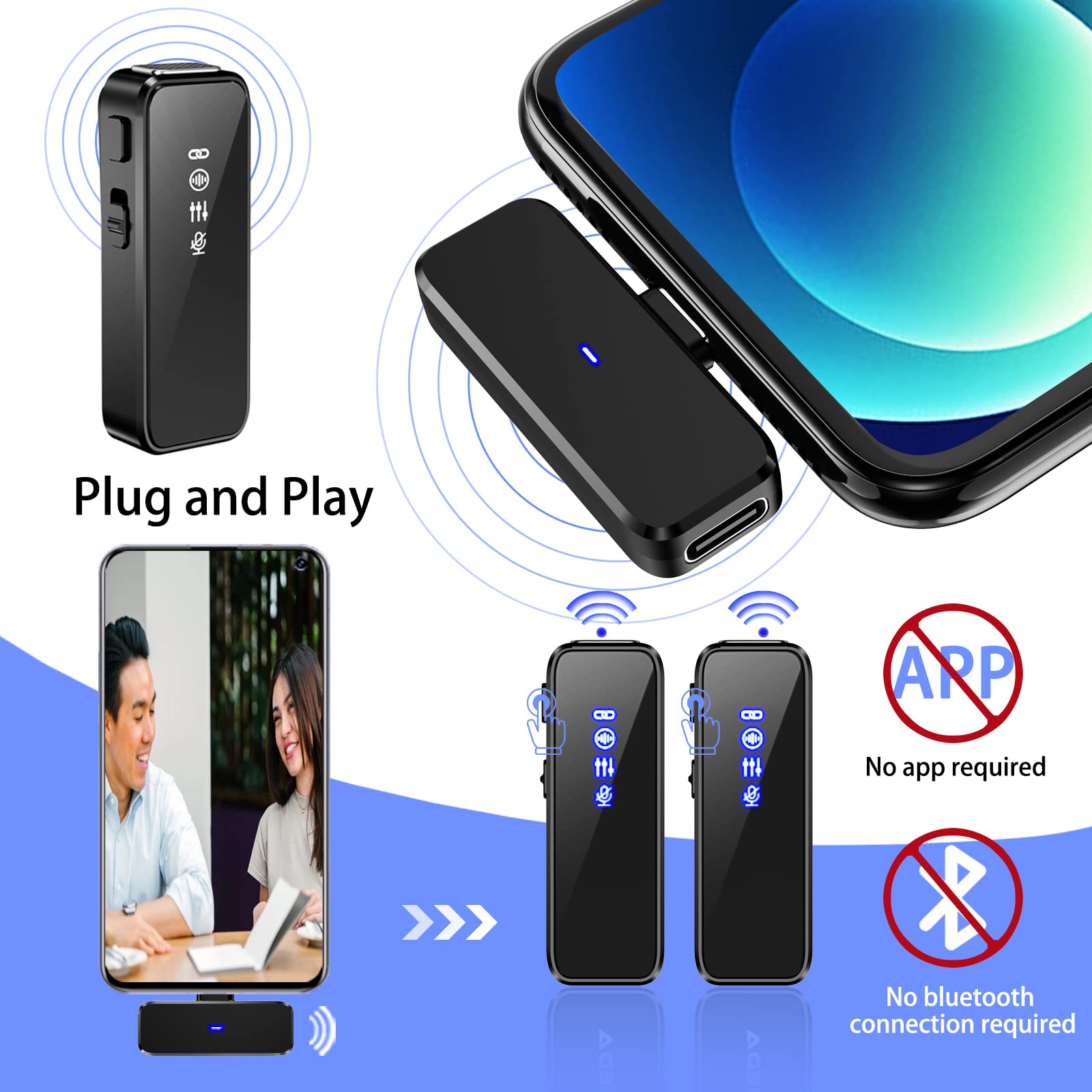 AOOCOO 2 Pack Wireless Lavalier Microphone for iPhone, Noise Reduction Plug & Play 2.4GHz Lapel Mic with Charging Case for Recording, YouTube, TikTok, Facebook Live Stream, Vlogging