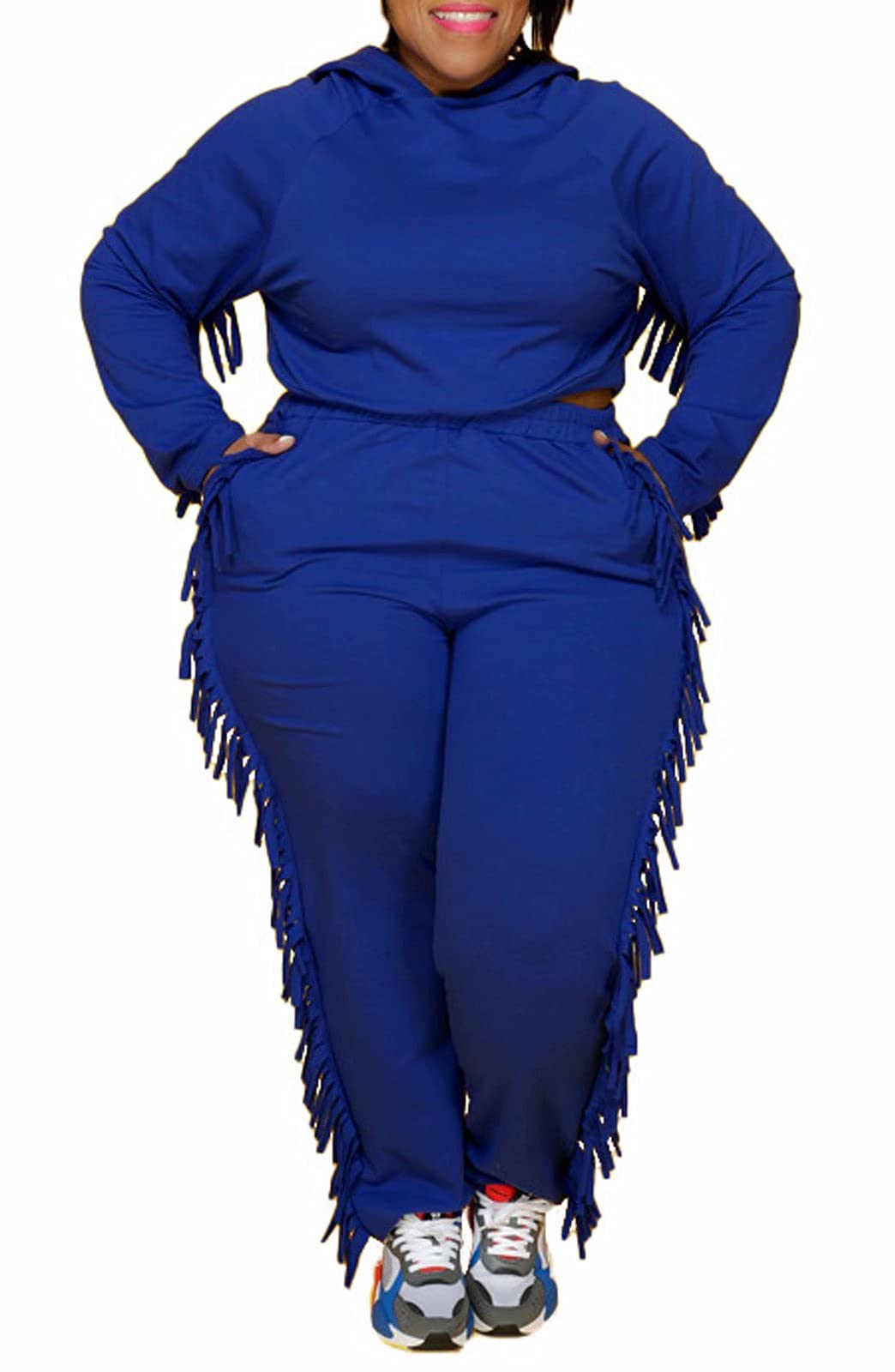 Aro Lora Womens Plus Size 2 Piece Outfit Casual Tassels Pullover Hoodies and Long Pant Tracksuit Set 3X-Large Blue