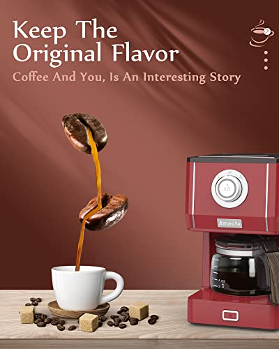 Amaste Coffee Maker, 25 Oz Drip Coffee Machine with Glass Coffee Pot, Retro Style Coffee Maker with Reusable Coffee Filter & Three Brewing Modes, 30minute-Warm-Keeping