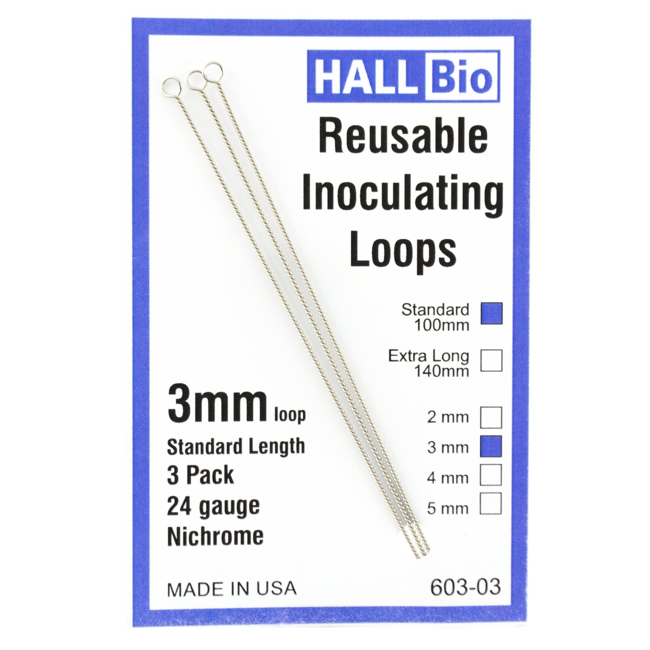 Hall Bio 603-03 3mm x 100mm Reusable Inoculating Loops, Nichrome A (3 Pack)