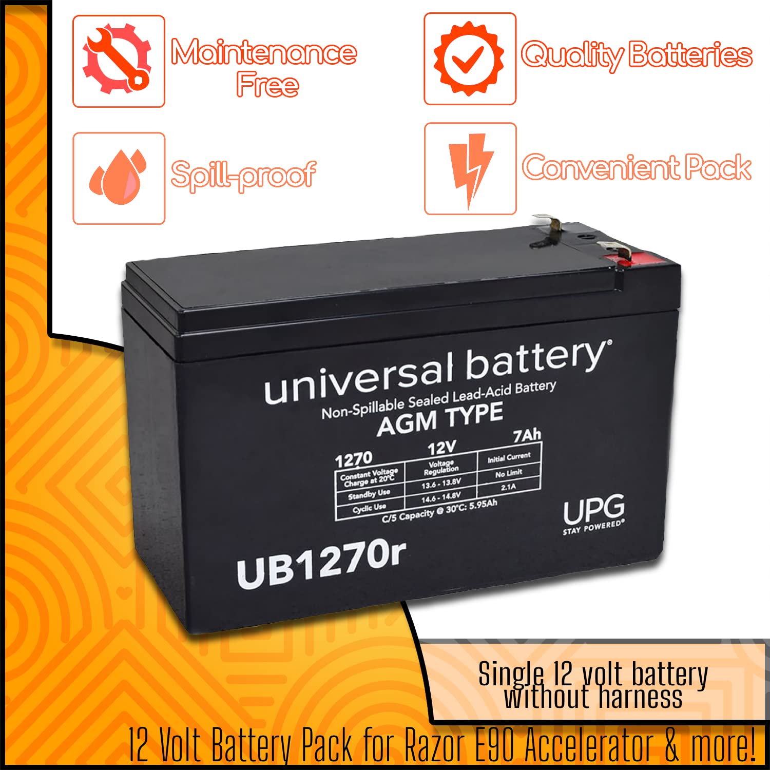 AlveyTech 12 Volt Battery Pack for Razor Power Core E90 and E95 (7 Ah, no Harness) - 12V Replacement Rechargeable SLA AGM, Batteries for Electric Scooter Kids Ride-On Toys, Toy Electronic Parts