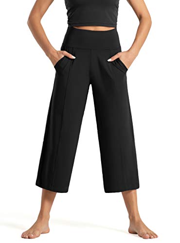 Tmustobe Womens Lounge Yoga Capris Pants Bootleg Tummy Control High Waist Workout Flare Crop Pants with Pockets (Black, Large)