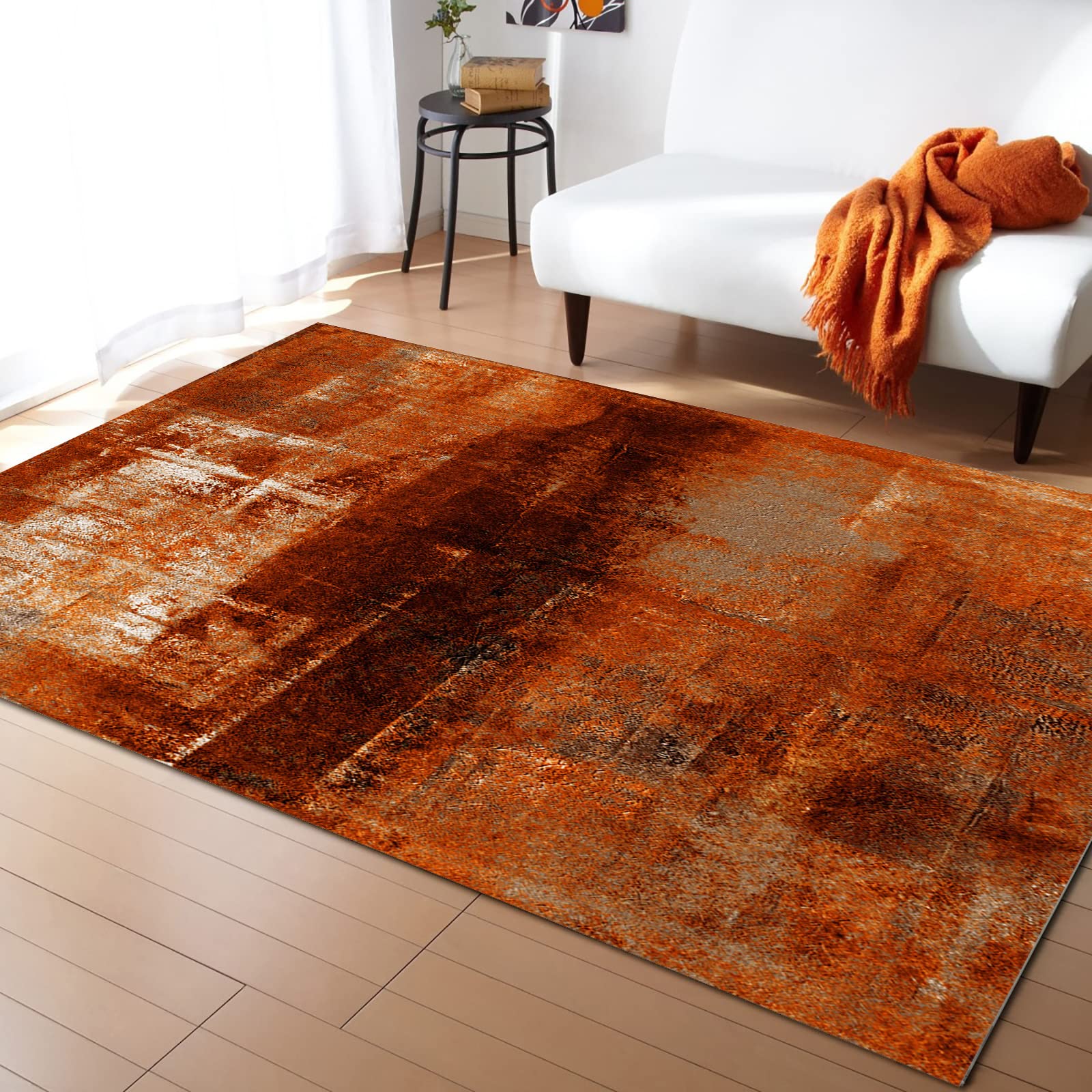 Burnt Orange Area Rug for Living Room, Rectangular Indoor Carpet - 2' x 3', Vintage Farmhouse Oil Painting Abstract Art Non-Skid Bathroom Mat Kitchen Runner Rugs for Bedroom
