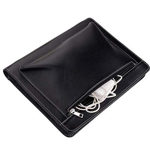 XIAOZHI Black Leather Portfolio with Notepad Space for 10.2-inch / 10.5-inch / 11-inch iPad, Padfolio Case Business Zippered Organizer Document Folder with Letter Size Notepad Holder