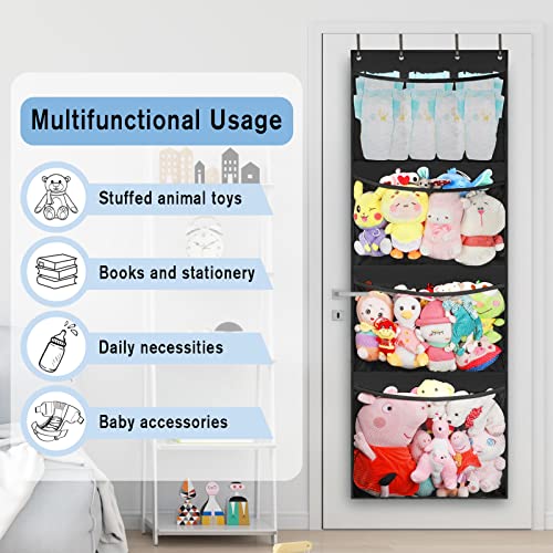 Melpler Stuffed Animal Storage - Stuffed Animal Holder, Hanging Stuffed Animal Organizer for Nursery, Over the Door Organizer for Stuffies, Toy Plush Storage with 4 Hooks 3 Support Rods(Black)