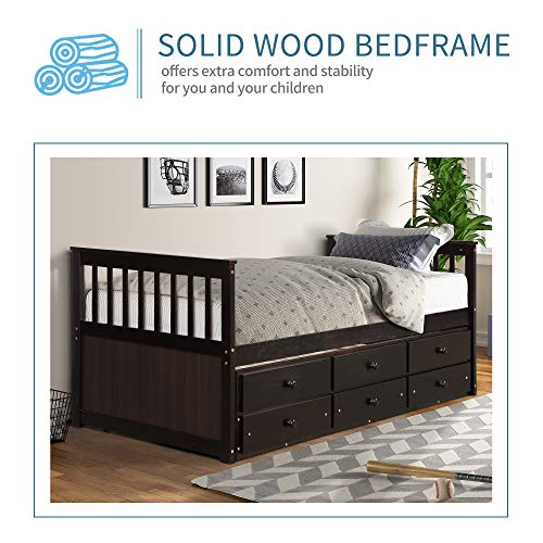 Twin Captainās Bed Storage daybed with Trundle and Drawers for Kids Guests (Espresso)