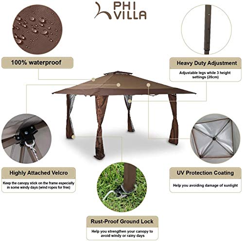 PHI VILLA 13'x13' UV Block Sun Shade Gazebo Canopy with Hardware Kits, Gazebo Shade for Patio Outdoor Garden Events, Brown