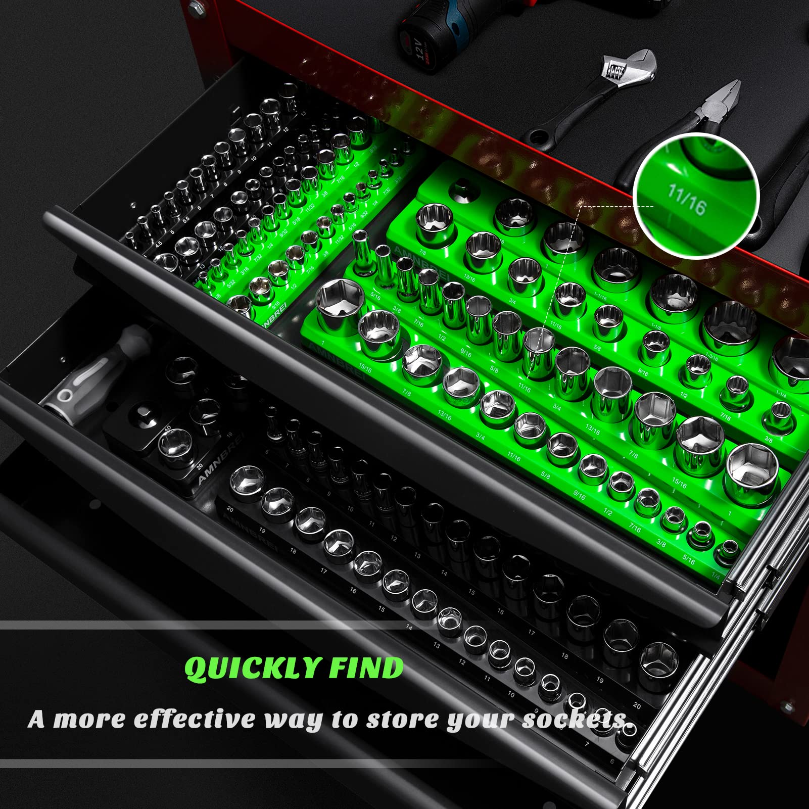 AMNBREI Magnetic Socket Organizer, 6 Piece Set Metric and SAE Magnetic Socket holders Holds 143 Sockets, 1/2-inch, 3/8-inch, 1/4-inch Drive, Attaches to Metal Wall, Organizer Tool Box, Green and Black
