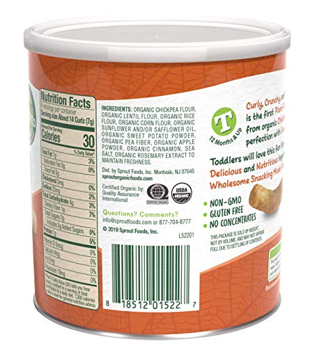 Sprout Organic Baby Food, Stage 4 Toddler Snacks, Sweet Potato and Cinnamon Plant Power Curlz, 1.48 Oz Canister (6 Count)