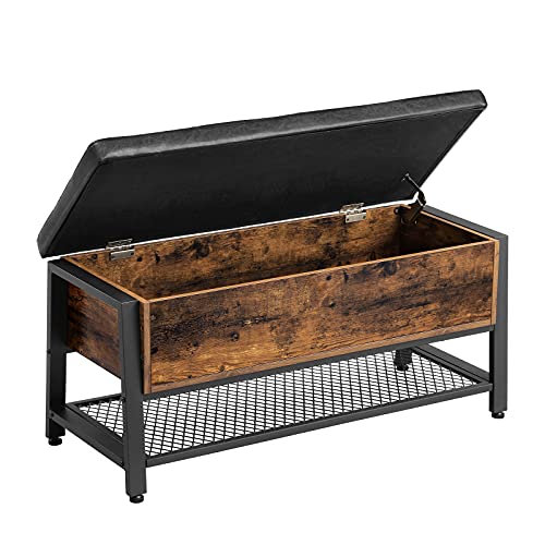 VASAGLE Industrial Storage Bench, Bed End Stool with Padded Seat and Metal Shelf, Sturdy Steel Frame, 39.4”L x 15.7”W x 18.5”H (100 x 40 x 47 cm), Rustic Brown + Black