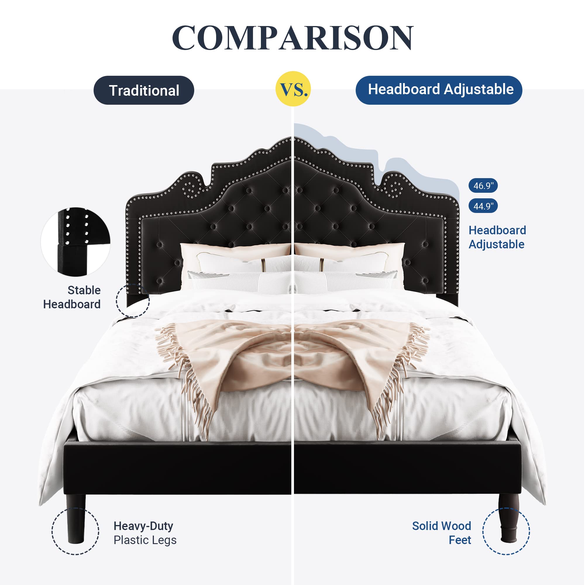 Allewie Queen Bed Frame with Velvet Tiara Headboard, Upholstered Diamond Button Tufted Platform Bed, Sturdy Wood Slats Support, No Box Spring Needed, Mattress Foundation, Easy Assembly, Black