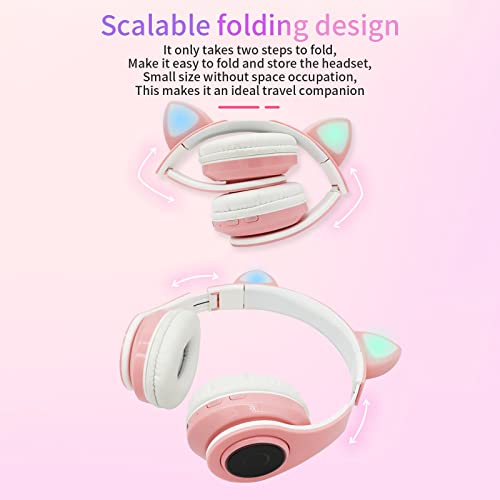 B39 Light-Emitting Cat Ear Headset, LED Light Up Over Ear Headphones with Mic Bluetooth Stereo Sound Foldable Rechargeable Earpiece, Cute Cat Ear Gaming Headset for Girls (Pink)