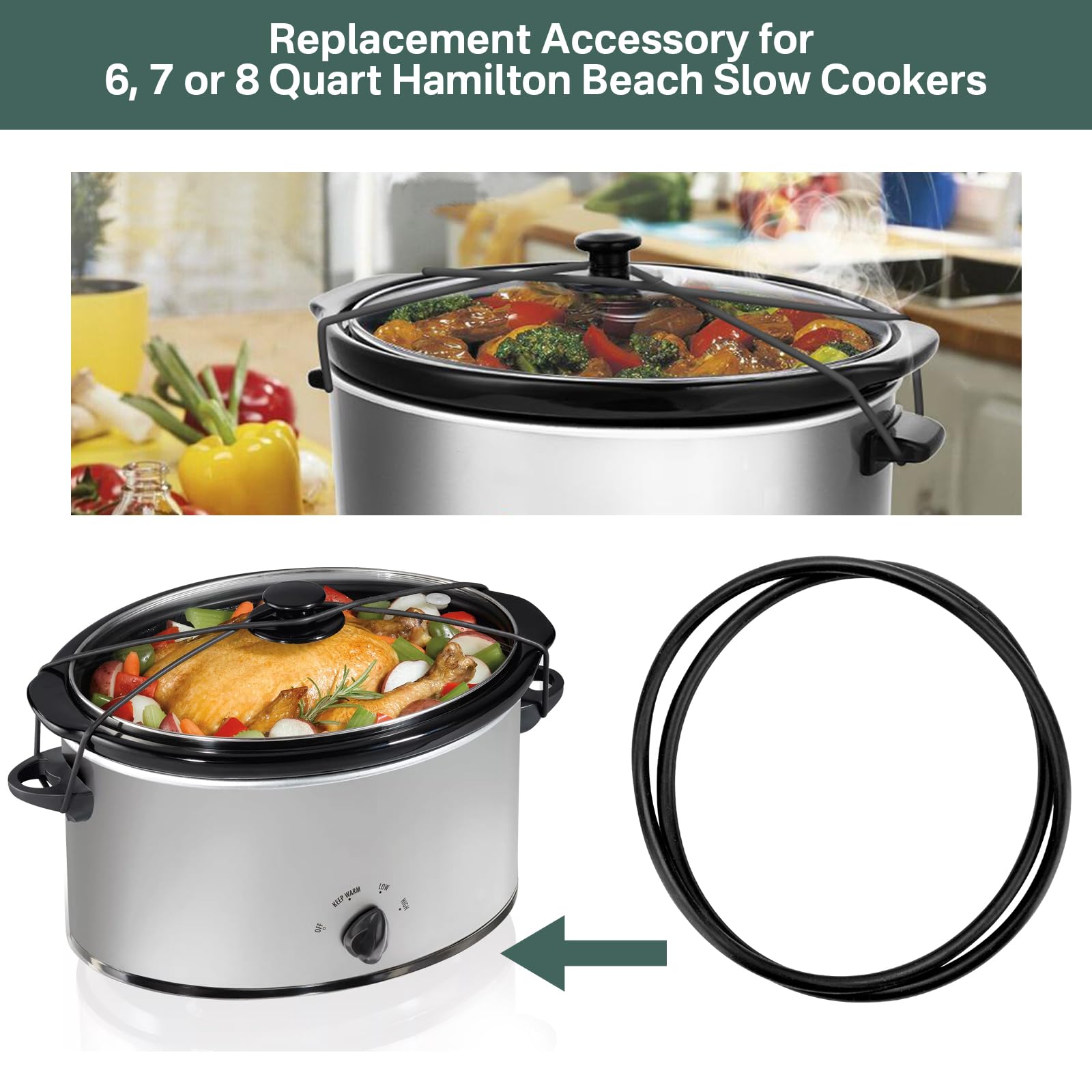Black Lid Latch Strap Rubber Band Fit for Hamilton Beach Crock Pot Slow Cooker 6, 7, and 8 quart models, including 33167, 33172, and 33176(2PC)