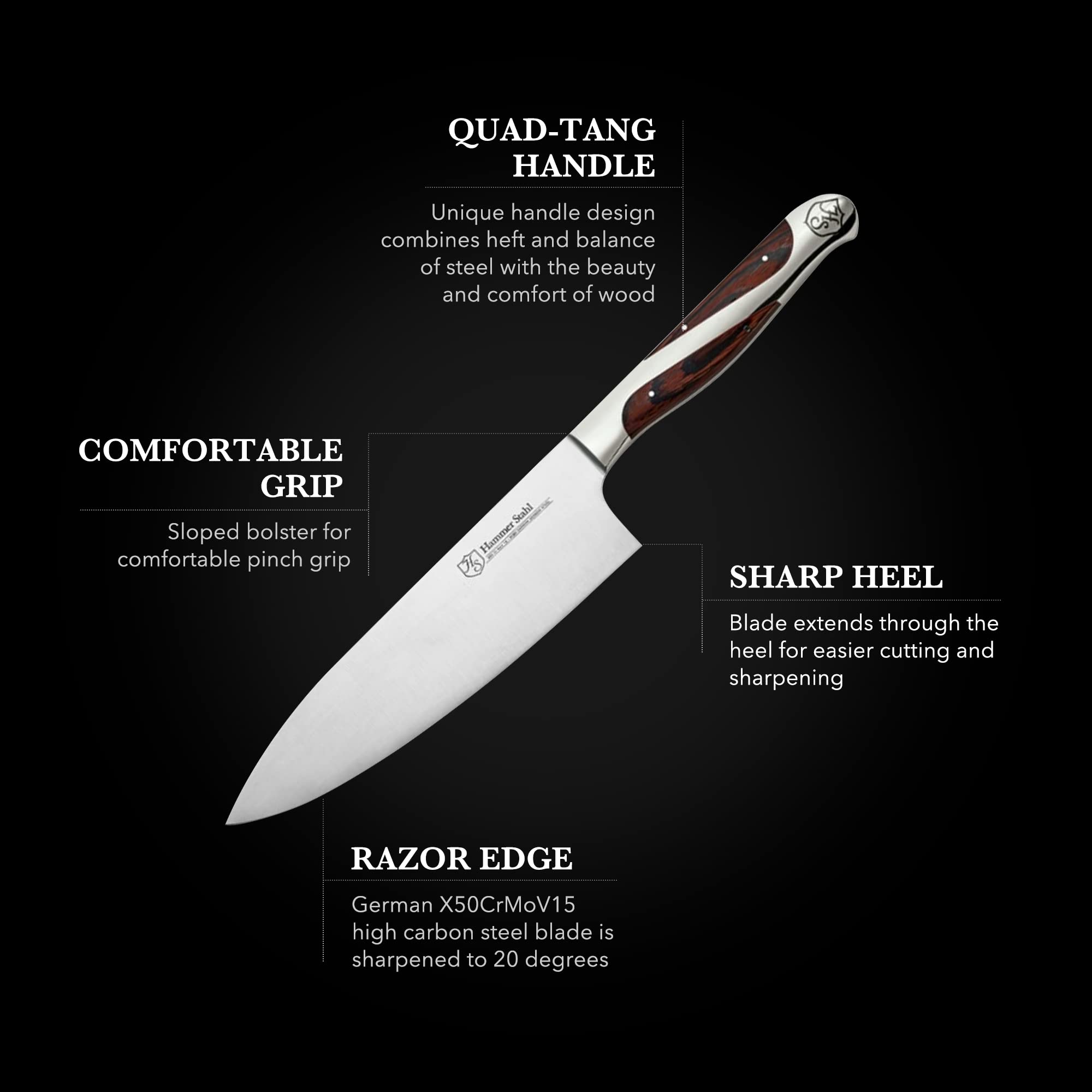 Hammer Stahl 8-Inch High Carbon Chef Knife | Versatile Cooking Knife for Chopping, Slicing & Precision Cutting | German Forged Sharp Kitchen Knife | Ergonomic Quad-Tang Pakkawood Handle & Gift Box