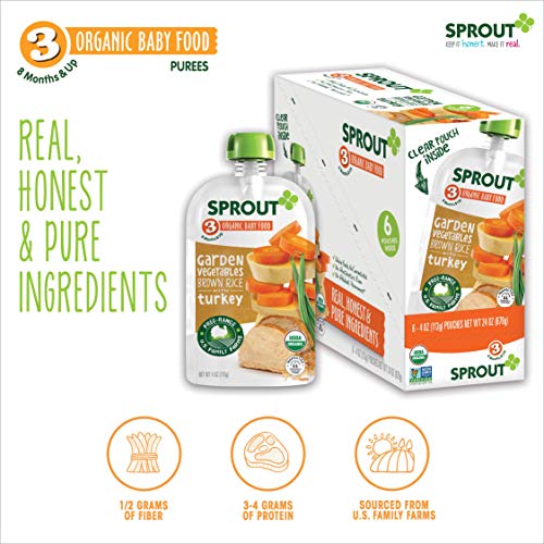 Sprout Organic Baby Food, Stage 3 Pouches, Garden Vegetables with Free-Range Turkey, 4 Oz Purees (Pack of 6)