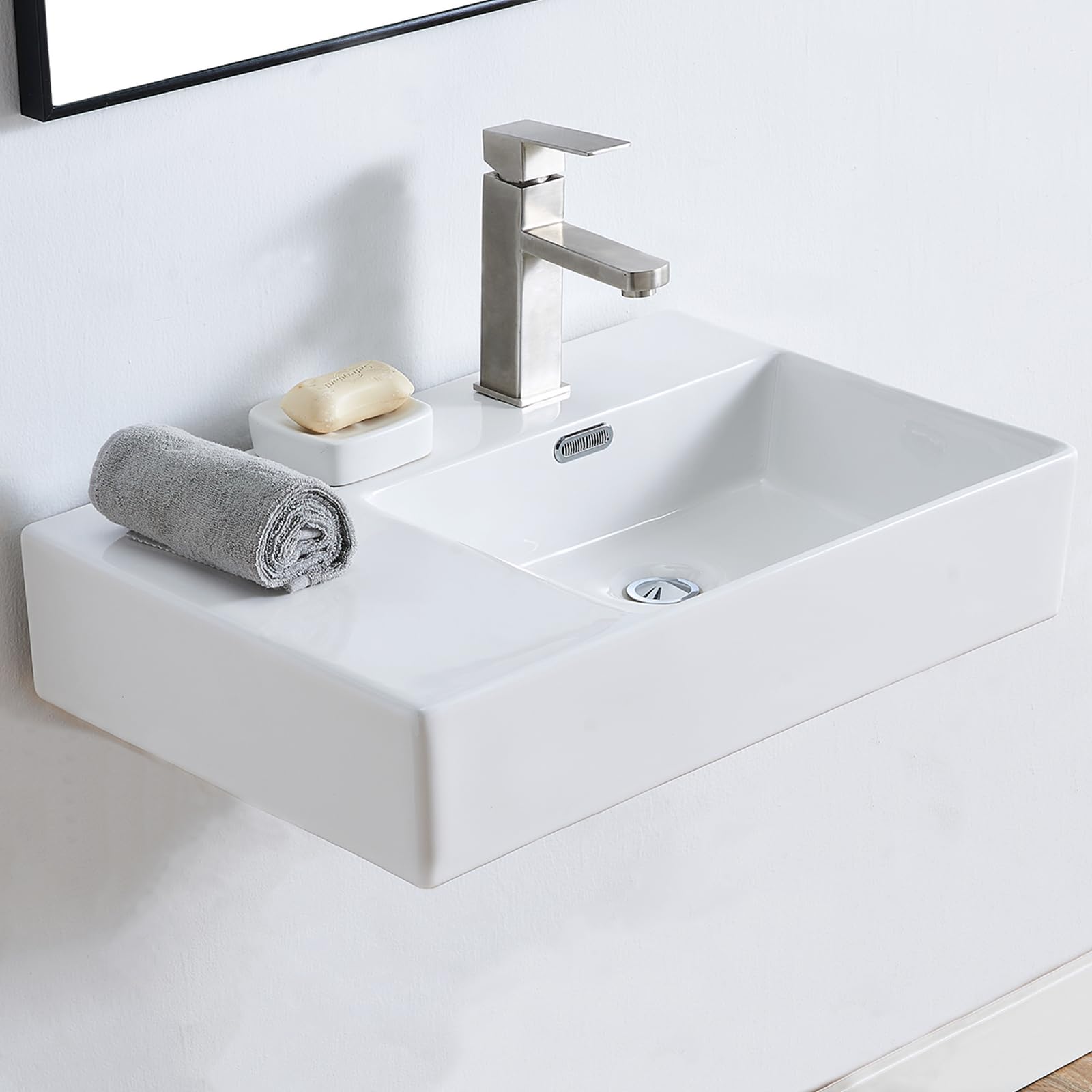 Bathroom Sink,White Wall Mounted Sink,Rectangle Wall Mount Bathroom Vessel Sink,24"X17"Modern Floating or Countertop Porcelain Ceramic Washing Bathroom Lavatory Sink,Right Side
