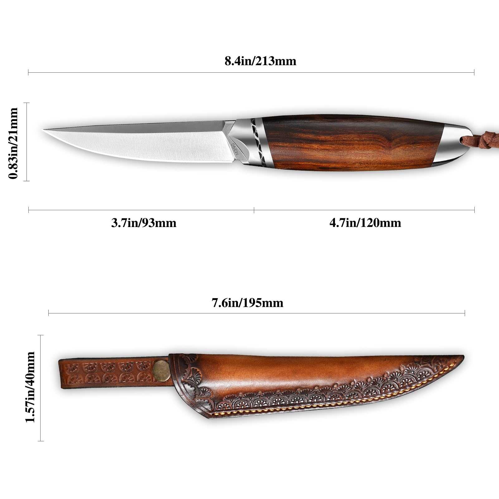 ALVELY Handmade in Northern Europe Fixed blade hunting knife,High hardness M390 steel Camping Adventure Knife,Desert Iron Wood Handle,With leather case and gift packaging,Home and Outdoor EDC knife