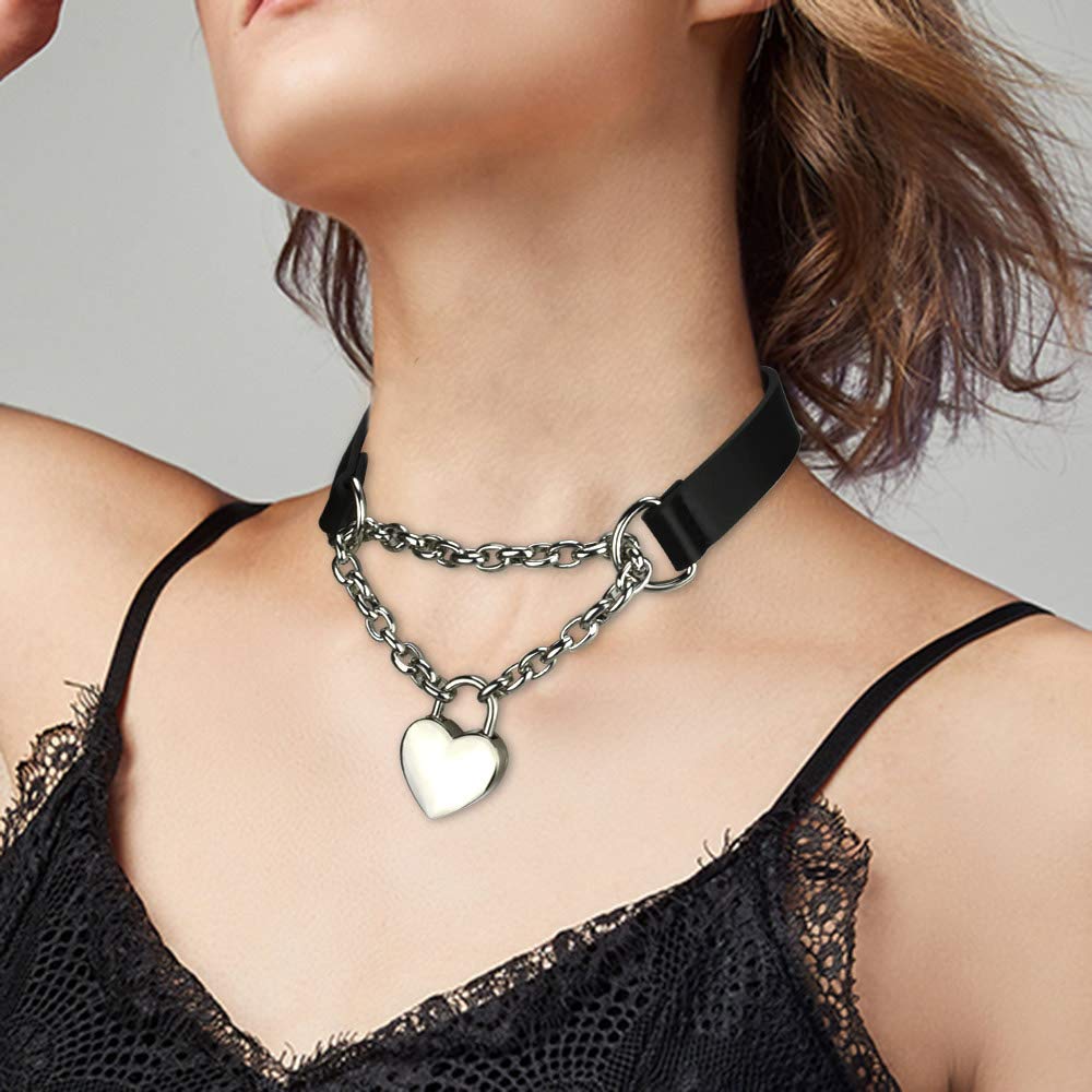 Alona Magic Goth Choker Necklaces for Women, Black Choker and Heart Padlock Day Collar with Key, Black PU Leather Choker Collar for Women